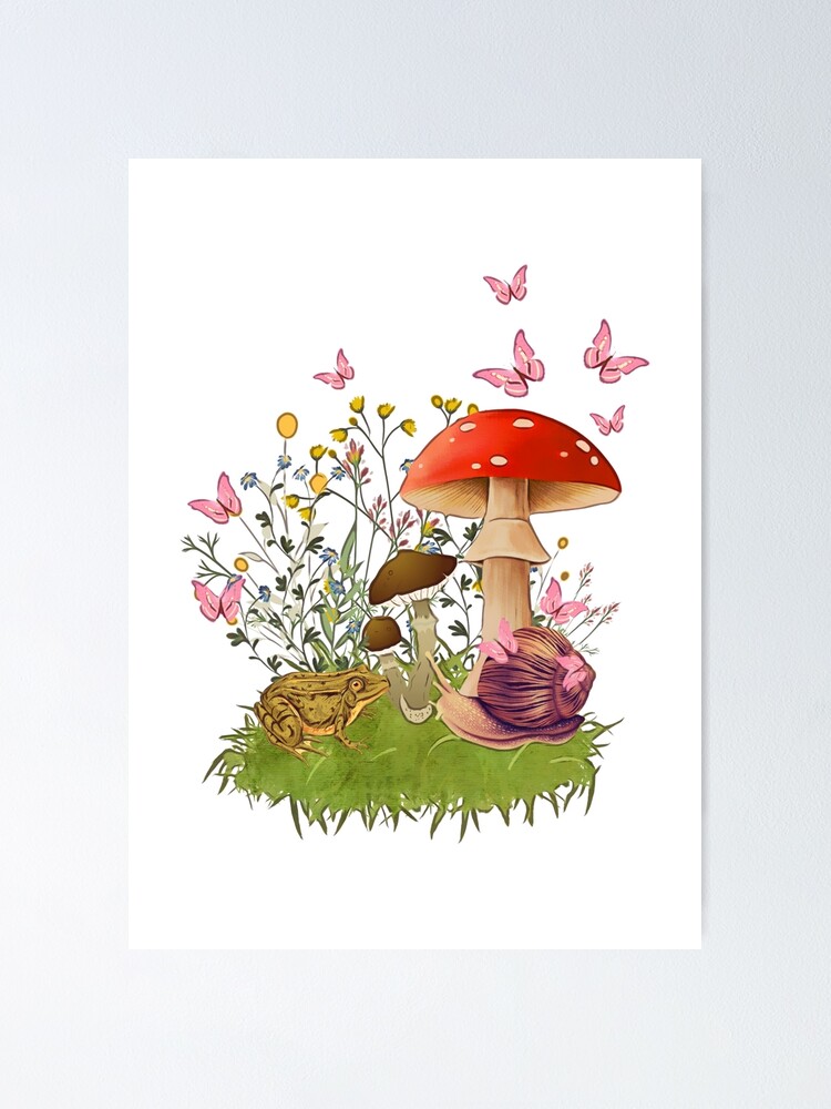 "Snail Plants Fungi and Friends Retro Cottage Core Aesthetic" Poster ...