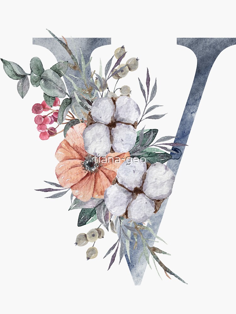 "Watercolor floral tropical V letter wedding monogram print" Sticker ...