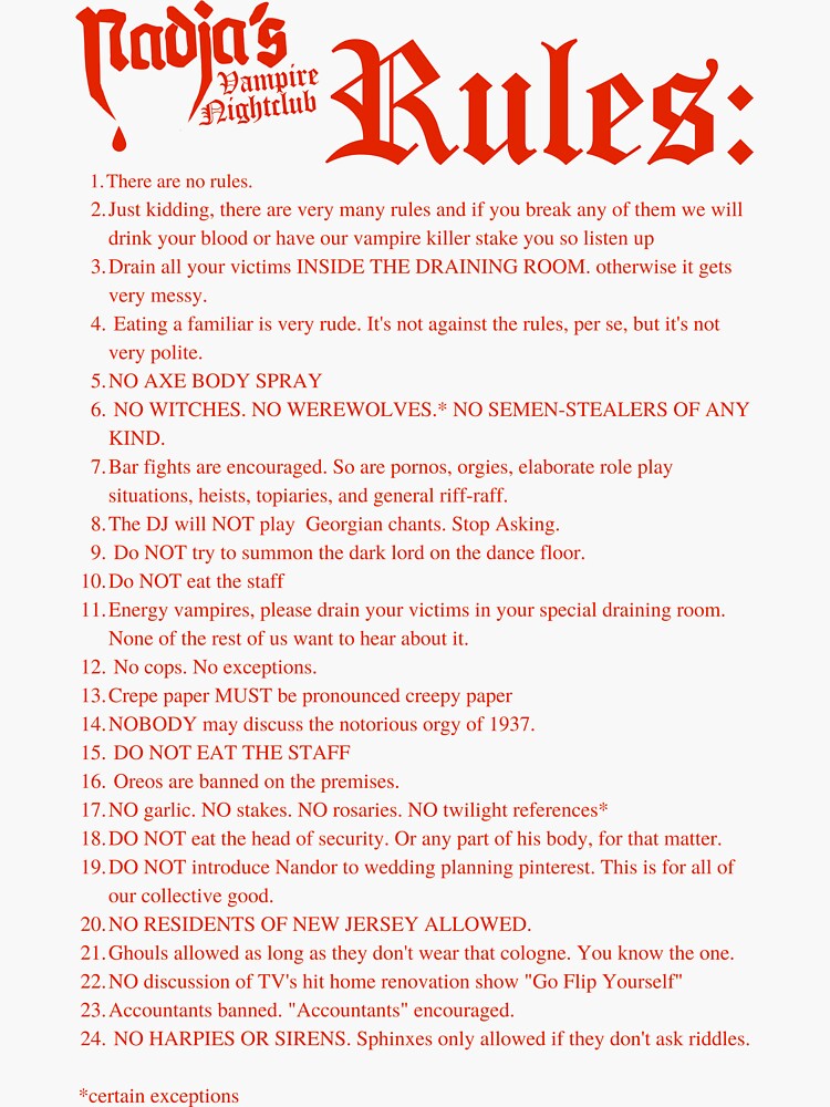 "Nadja's Nightclub Rules " Sticker for Sale by YeeHawGayPiracy | Redbubble