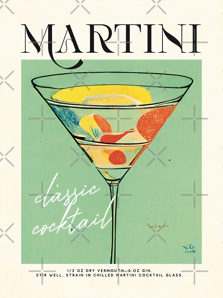 "Martini Retro Cocktail Poster Green Classic Bar Prints, Vintage Drinks ...