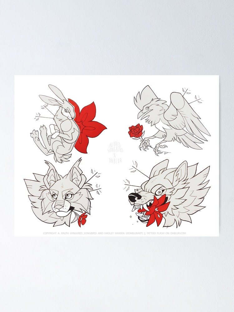 "Animals and Flowers Tattoo Flash Sheet" Poster for Sale by DablurArt ...