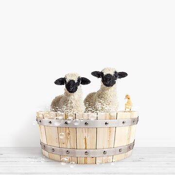 "Baby Lamb and Duckling in Wooden Bathtub Print, Two Lambs Bathing ...