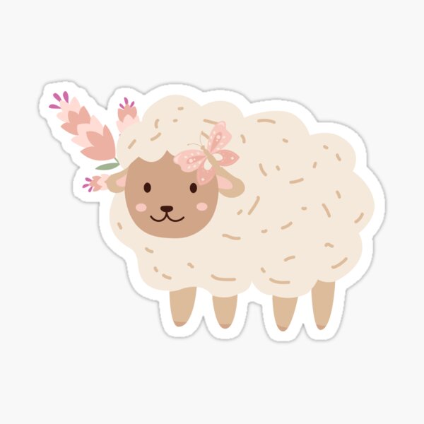 "Fluffy Sheeps in the field with Butterflies (white-peach)" Sticker for ...