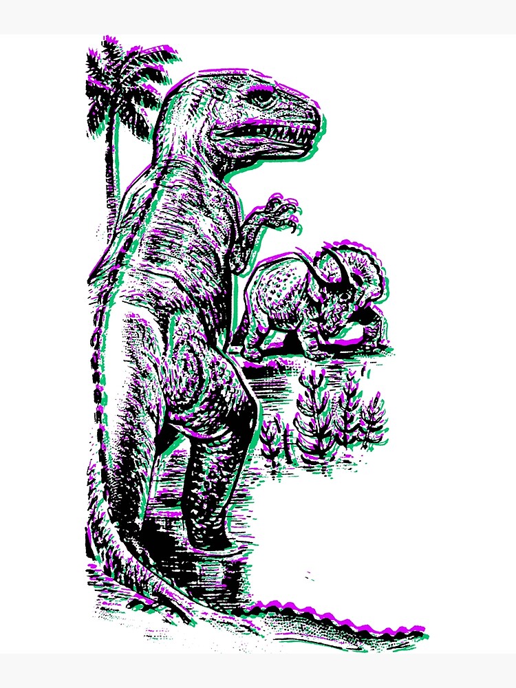 "Vintage T-Rex Fighting Triceratops retro purple and green faux 3d ...