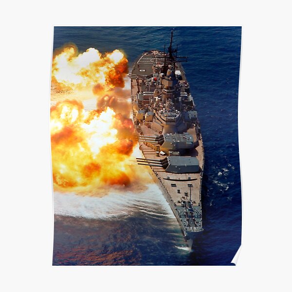 "Battleship USS Iowa firing its Mark 7 16-inch/50-caliber guns." Poster ...