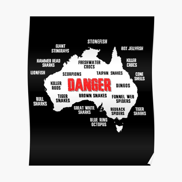 "Australian Dangerous Animals | Map of Australia on Black | " Poster ...