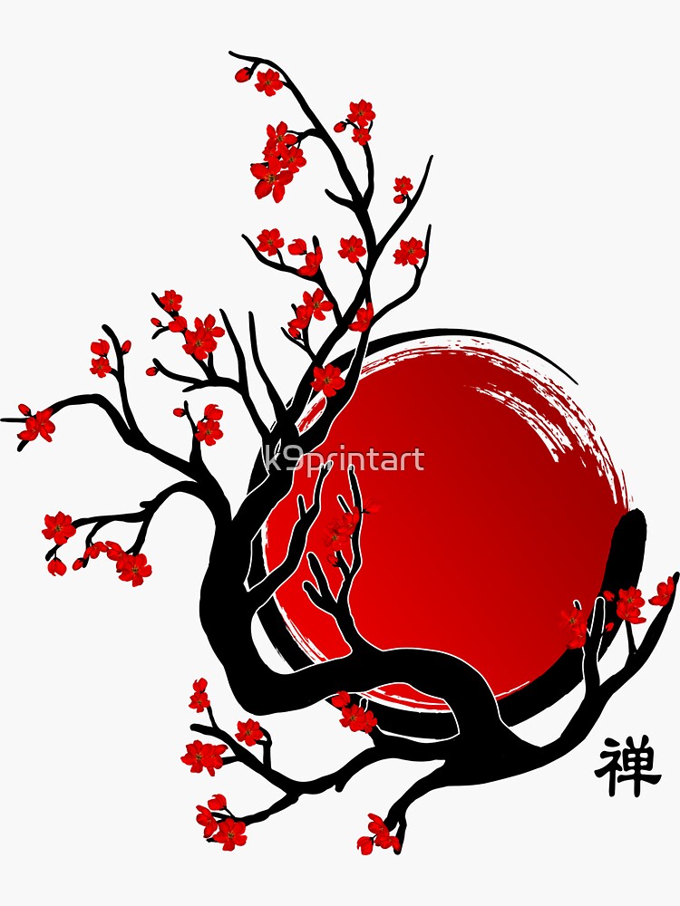Pegatina «Círculo Zen Enso, Sol y Flor Roja de Sakura» de k9printart | Redbubble