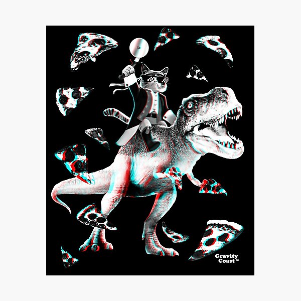 Lámina fotográfica «T Rex Pizza Party Samurai Cat Riding T Rex Eating ...
