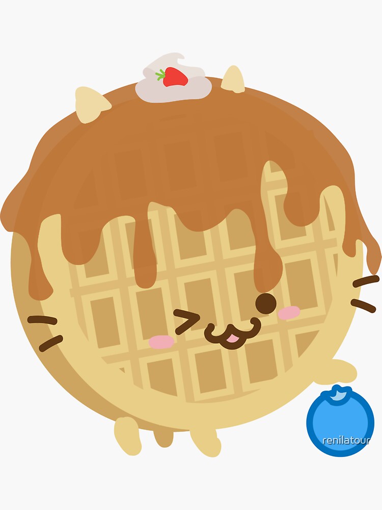 "Winking Kawaii Waffle Cat Playing With a Giant Bluberry" Sticker for ...