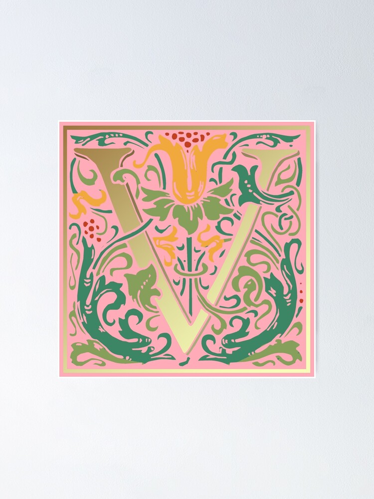 Poster « William Morris Lettre majuscule initiale V enluminée en rose ...