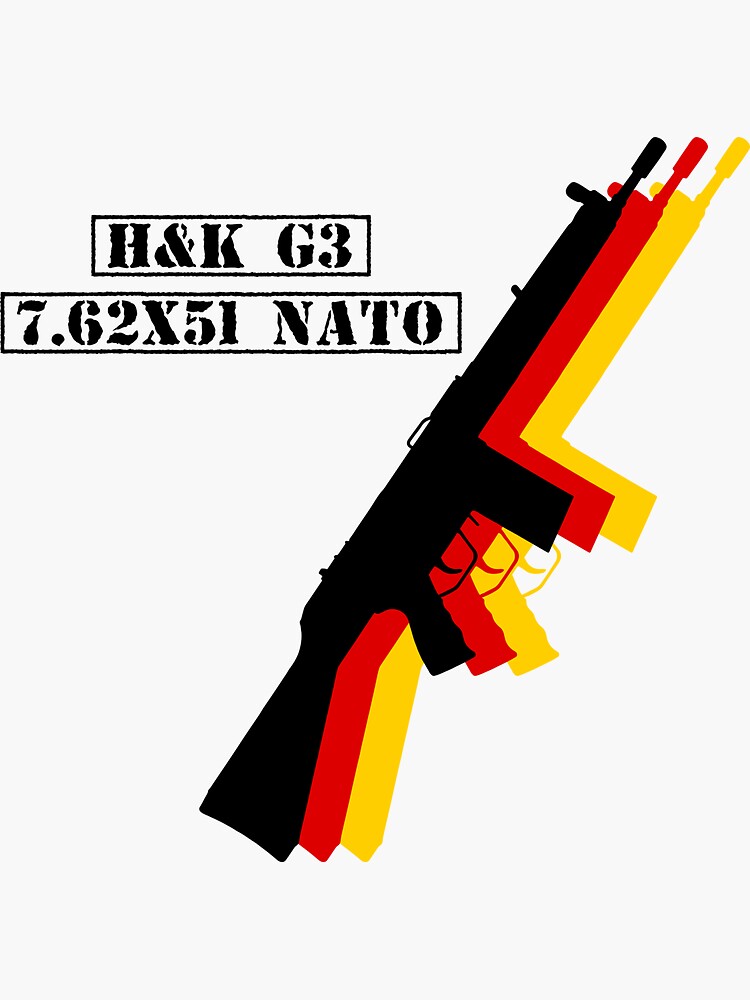 Pegatina «Rifle de batalla HK G3 (versión de texto)» de WarrenVance | Redbubble