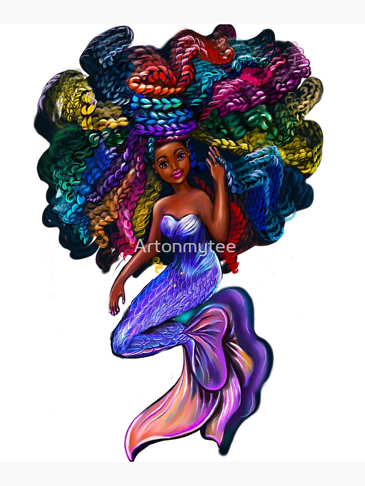 "African American mermaid with flowing rainbow braids 2, brown eyes ...