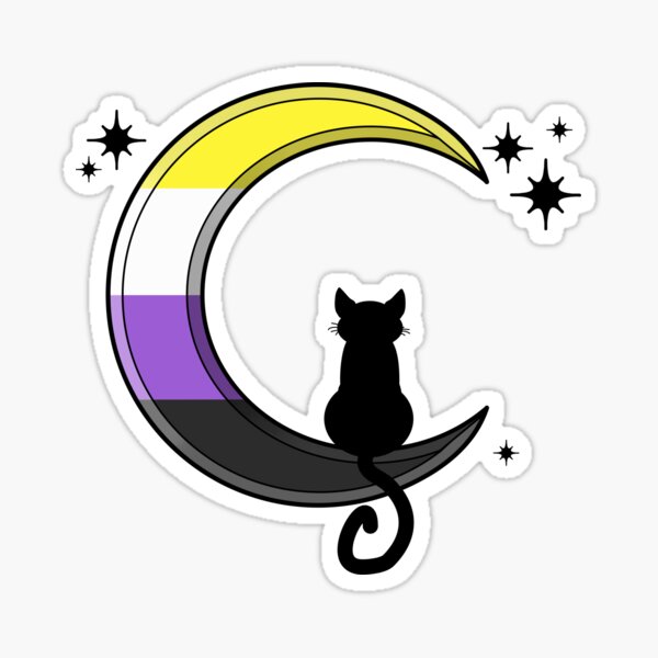 "Little black cat on non-binary pride crescent moon" Sticker for Sale ...
