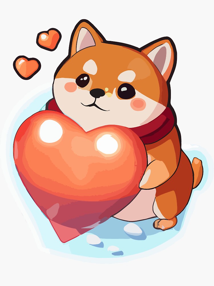 "Shiba Inu holding a heart while standing in snow" Sticker for Sale by ...
