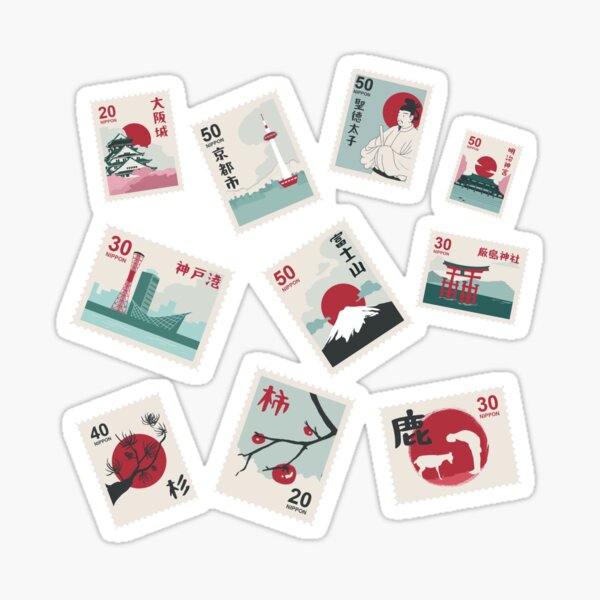 "Japanese stamps - travel " Sticker for Sale by aleximagining | Redbubble