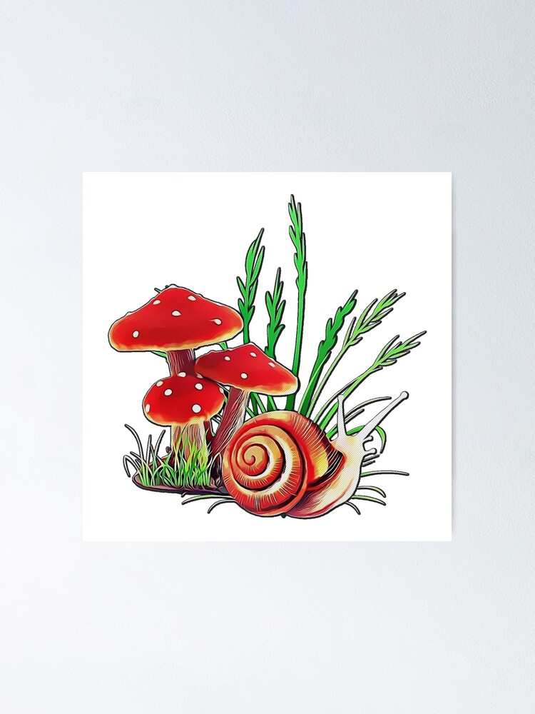 "Cute Tan Brown Snail with Red Mushrooms Halftone Retro Cottagecore ...