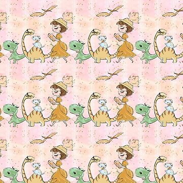 "Cute Dinosaur Pattern With Young Girl Reading A Book and Happy Smiling ...