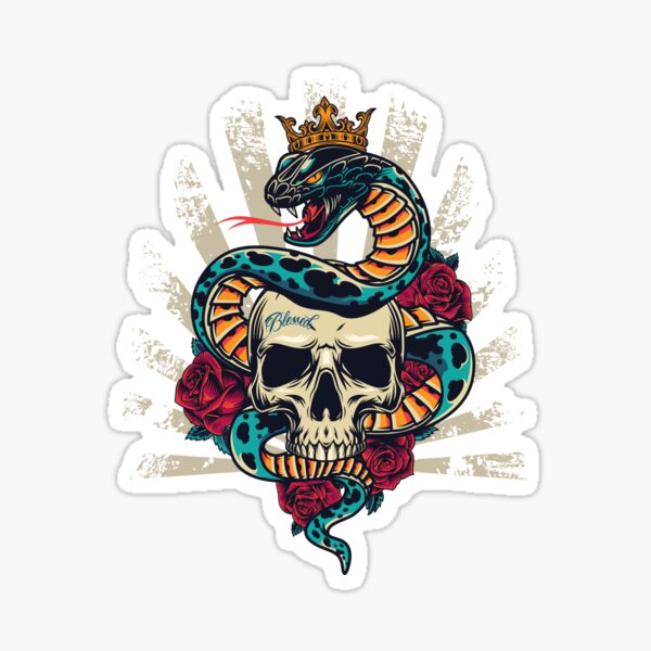 "Snake in royal crown entwined around skull and Roses " Sticker for ...