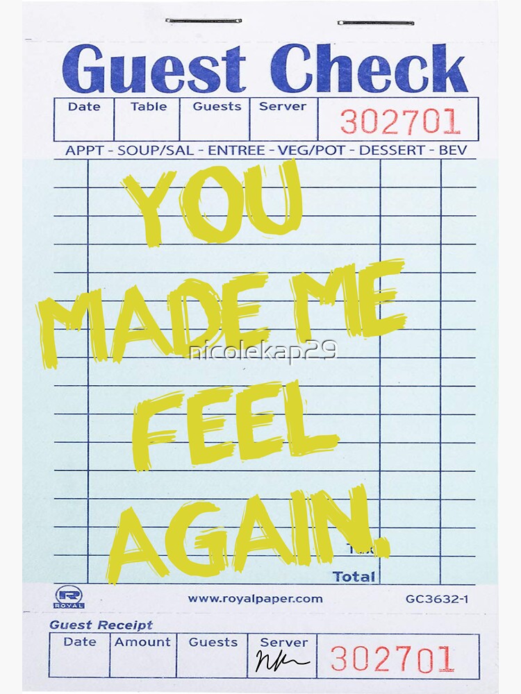 "feel - GUEST CHECK @NIKKISBLING_" Sticker for Sale by nicolekap29 ...