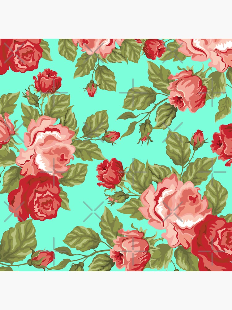 " Vintage Rose Flower And Leaves Pattern On Cyan" Sticker for Sale by ...