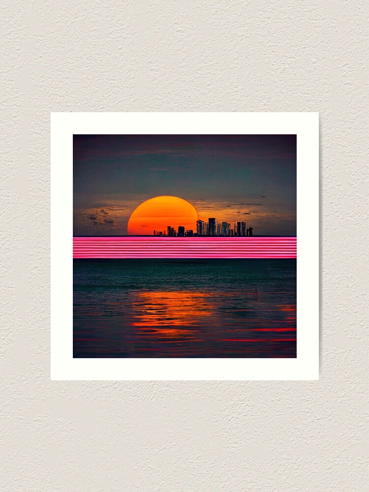 "Classical 80s Retro Sunset Over Miami City Skyline" Art Print for Sale ...