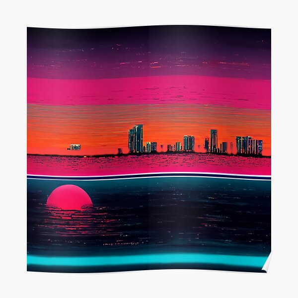 "Classical 80s Retro Sunset Over Miami City Skyline" Poster for Sale by ...