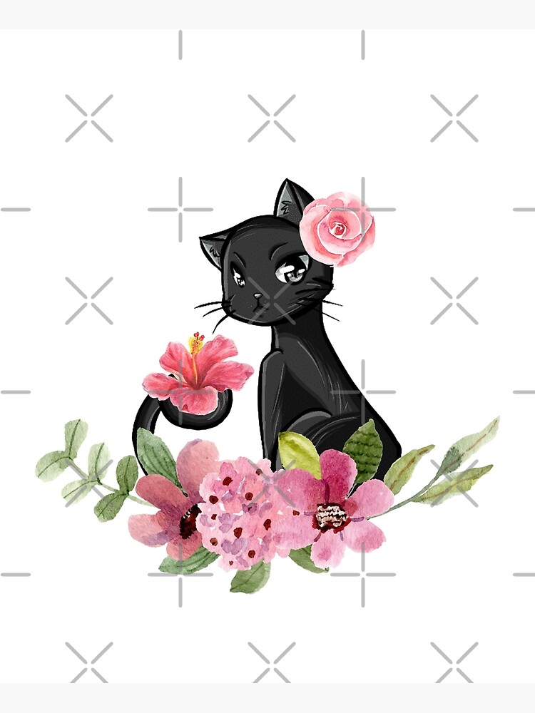"Cute Black Cat with Pink Flowers Aesthetic Cat" Poster for Sale by ...