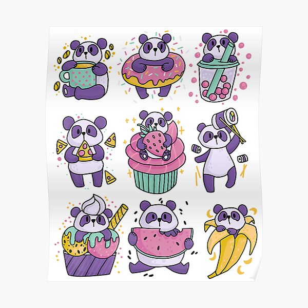 "Foodie Pandas With Coffee, Donuts, Pizza And Bubble Tea" Poster for ...