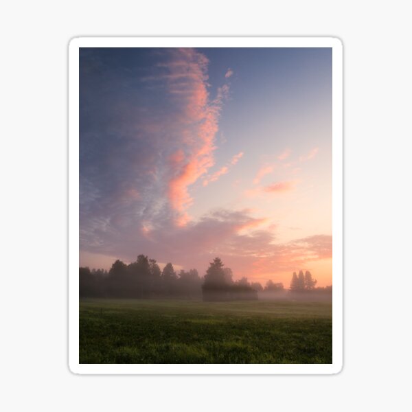 "Misty meadow sunrise landscape" Sticker for Sale by Juhku | Redbubble