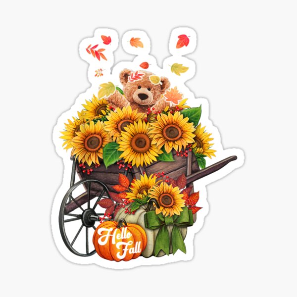 "Hello Fall Teddy Bear In Sunflowers Tossing Leaves Autumn" Sticker for ...