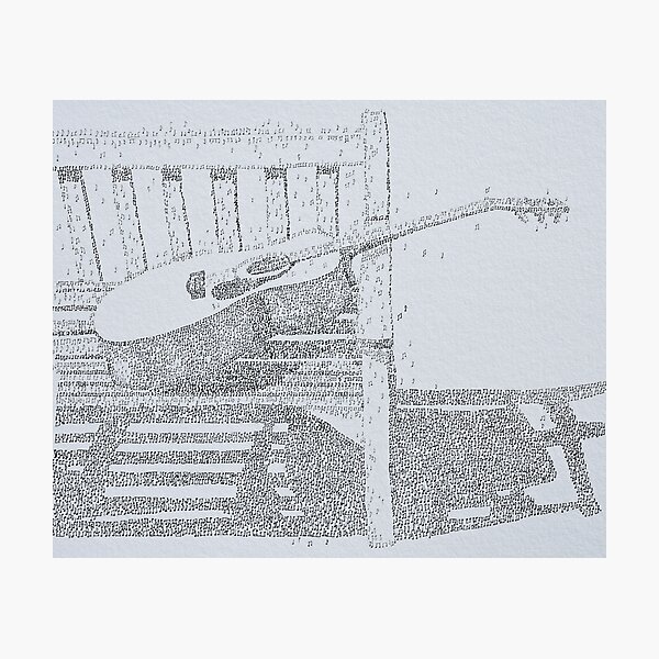 Lámina fotográfica «Dibujo de tinta de guitarra acústica en un banco, todo dibujado a mano con ...