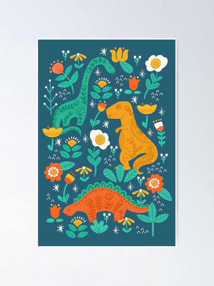 "Folk Floral Dinosaurs - Primary" Poster for Sale by latheandquill ...