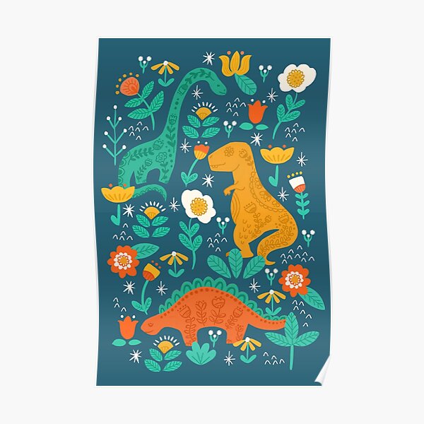 "Folk Floral Dinosaurs - Primary" Poster for Sale by latheandquill ...