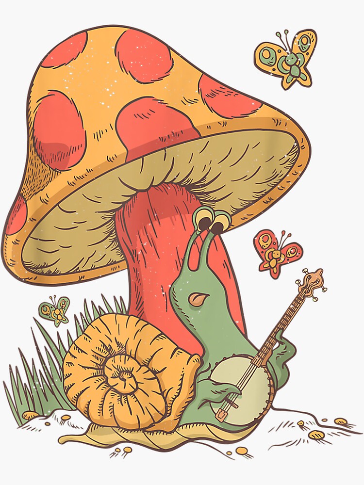 "Cottagecore Aesthetic Cute Snail Playing Banjo Mushroom" Sticker for ...