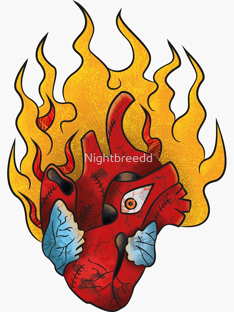 "Old school flaming heart" Sticker for Sale by Nightbreedd | Redbubble