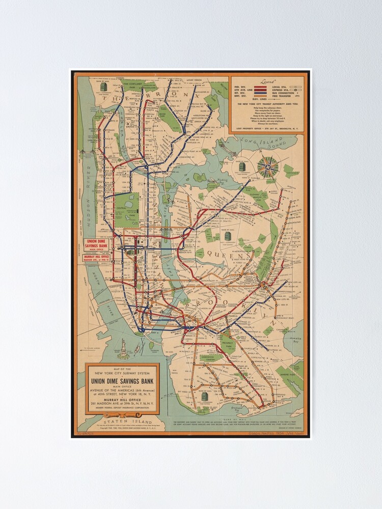 "NYC Vintage Subway Map Poster" Poster for Sale by artfilmbuff | Redbubble