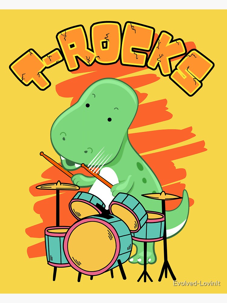"T-Rocks T-Rex Dinosaur Drummer Cute Cartoon Yellow" Sticker for Sale ...