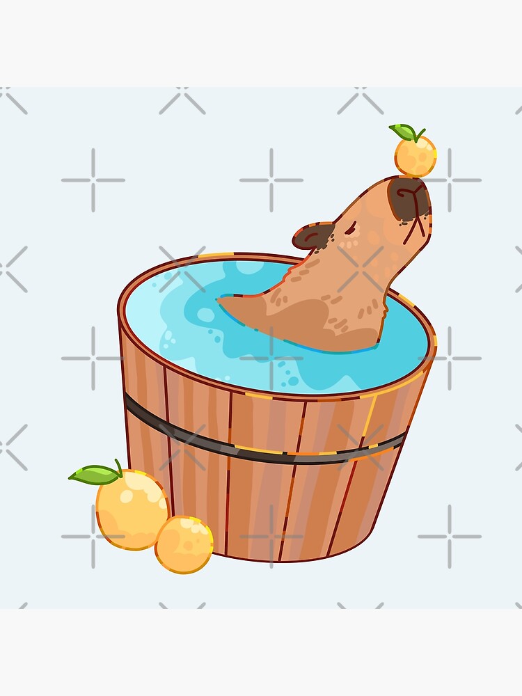 "a bathing capybara balancing yuzu citrus fruits in a round hinoki tub ...