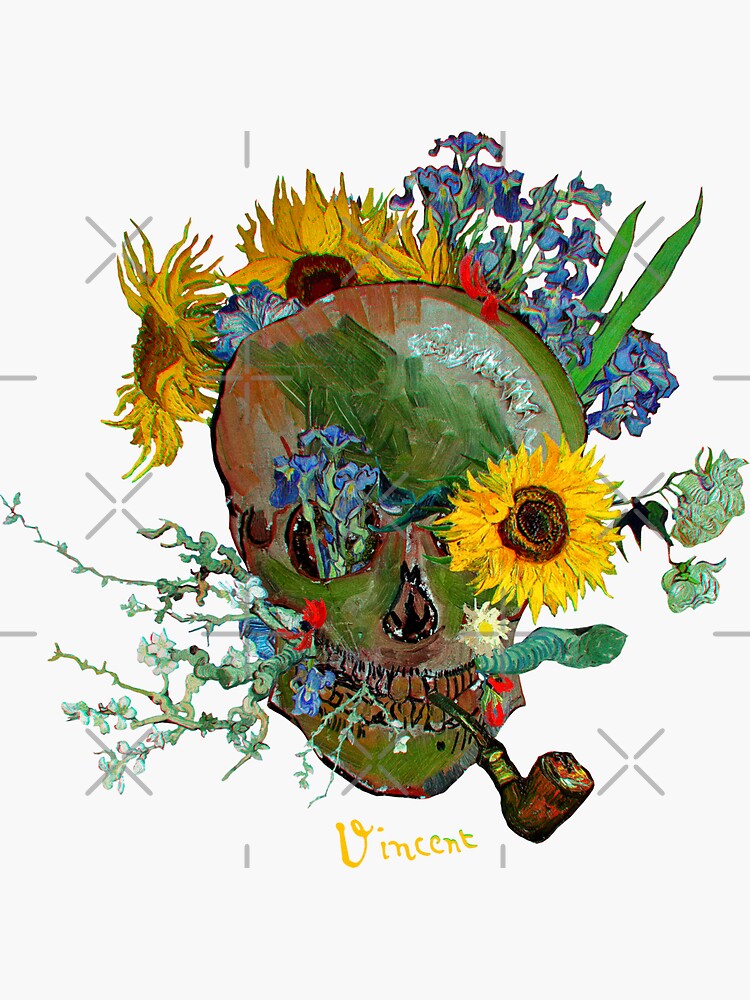 "Van Gogh - Skull with flowers" Sticker for Sale by ArtOfSilentium ...