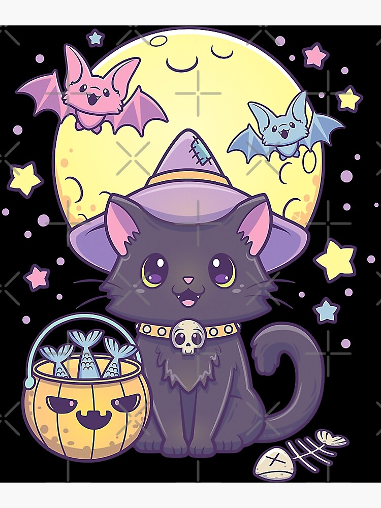 "Kawaii Pastel Goth Cute Creepy Halloween Black Cat Witch Hat" Poster ...