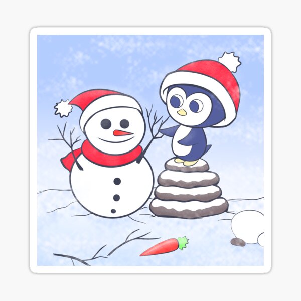 "Penguin Making Snowman" Sticker for Sale by Minidooods | Redbubble