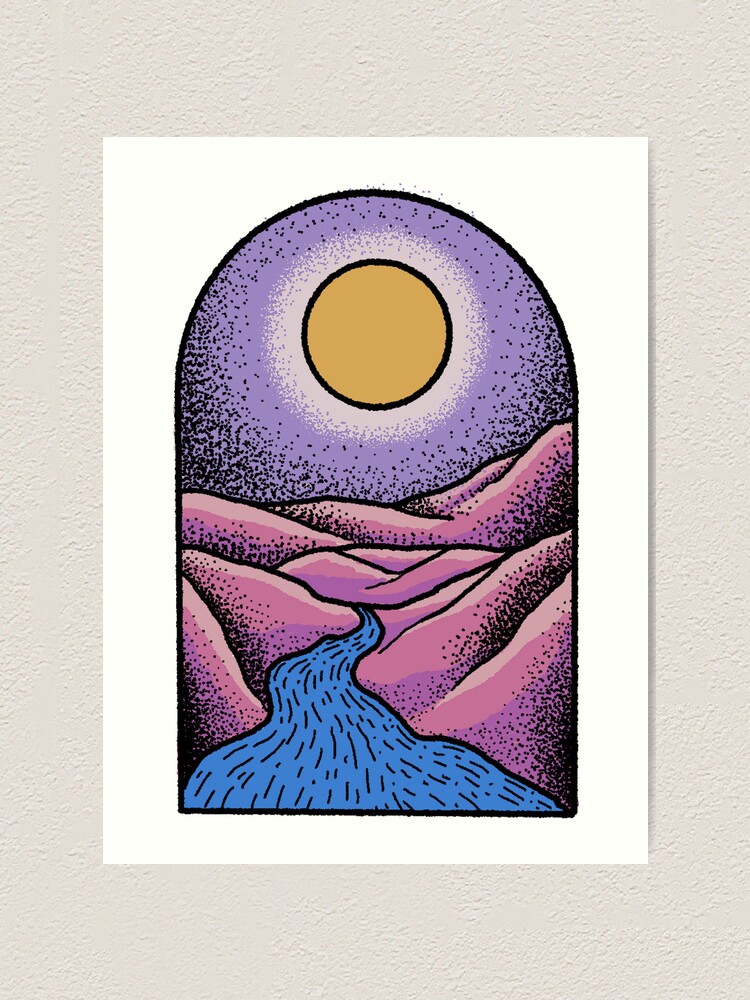 "Hand-drawn Mountains River Rafting Sun Stipple Art " Art Print for ...