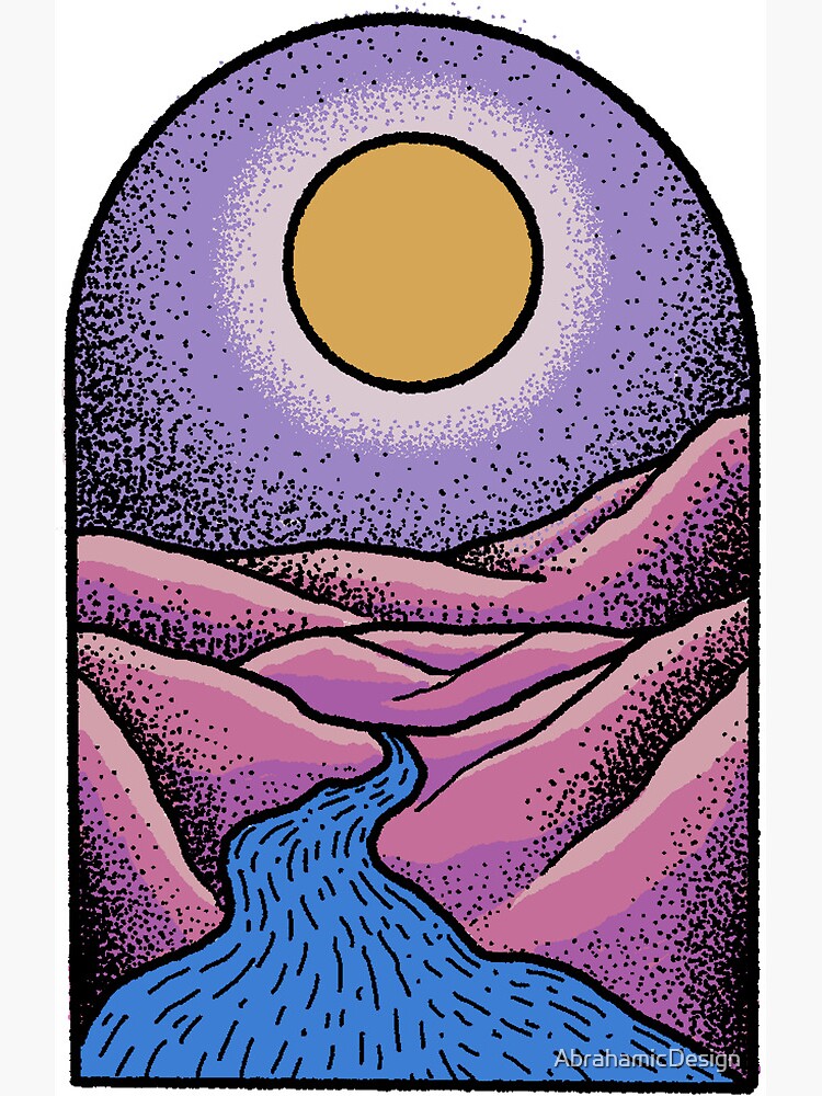 "Hand-drawn Mountains River Rafting Sun Stipple Art " Art Print for ...