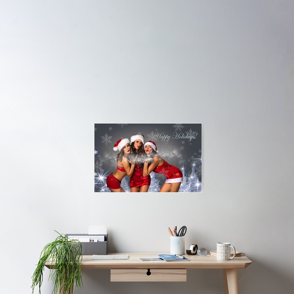 Sexy Santas Helpers Holiday Postcard Wallpaper Template 3 Girls Poster For Sale By