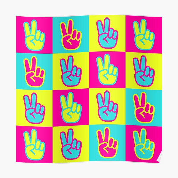"PEACE Hand Symbol Pattern (neon pink, cyan, yellow)" Poster for Sale ...
