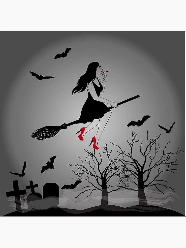 Póster «Bruja volando en una escoba con un árbol espeluznante con murciélagos, lápidas ...
