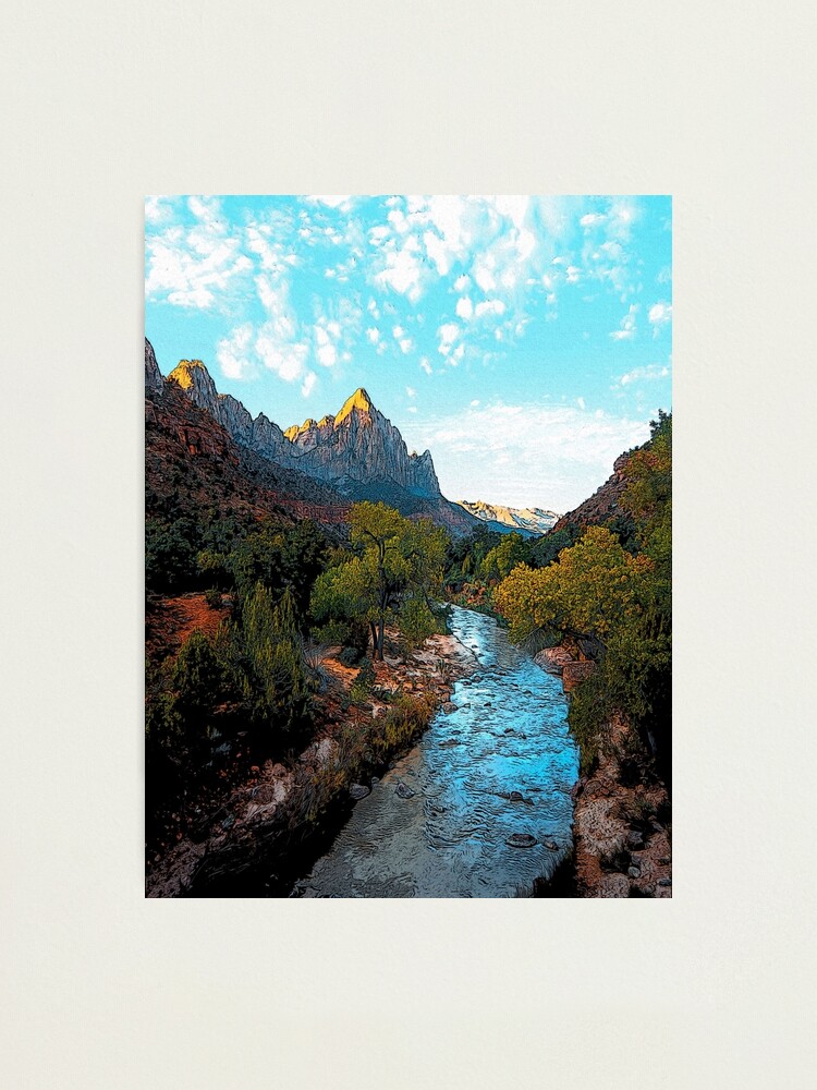 Lámina fotográfica «Bonita vista del río y la cima de la montaña Efecto ...