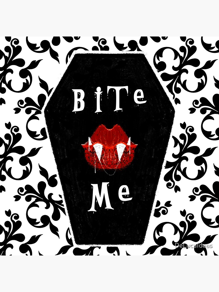 "Bite Me Coffin Art with Bloody Vampire Fangs and Big Red Lips" Sticker ...