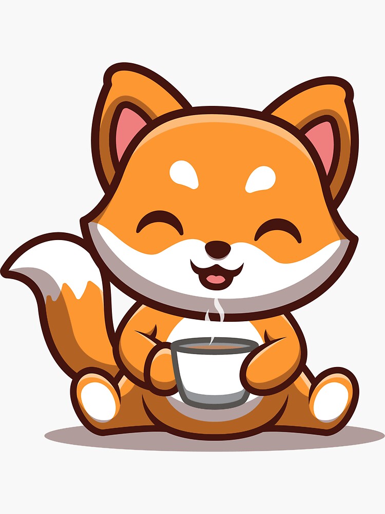 "Fox Sitting Drink Coffee Cute Cartoon" Sticker for Sale by ...