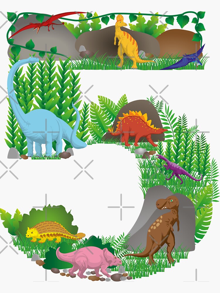 "Dinosaurs Jungle Scene fifth Birthday number five" Sticker for Sale by ...